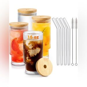 Kitchen | Glass Cups With Lids And Straws 4pcs Set 16oz Drinking ...